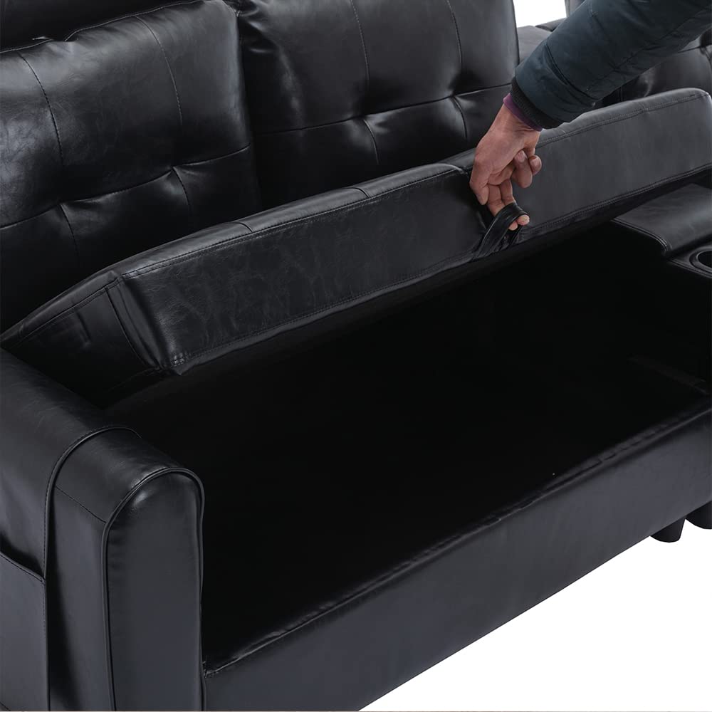 P PURLOVE L Shaped Sectional Sofa Couch,Modern Faux Leather Living Room Sofa, Modular 3 Seat Sofa Sectional with Storage and Cupholder for Apartment Office,(Black PU)