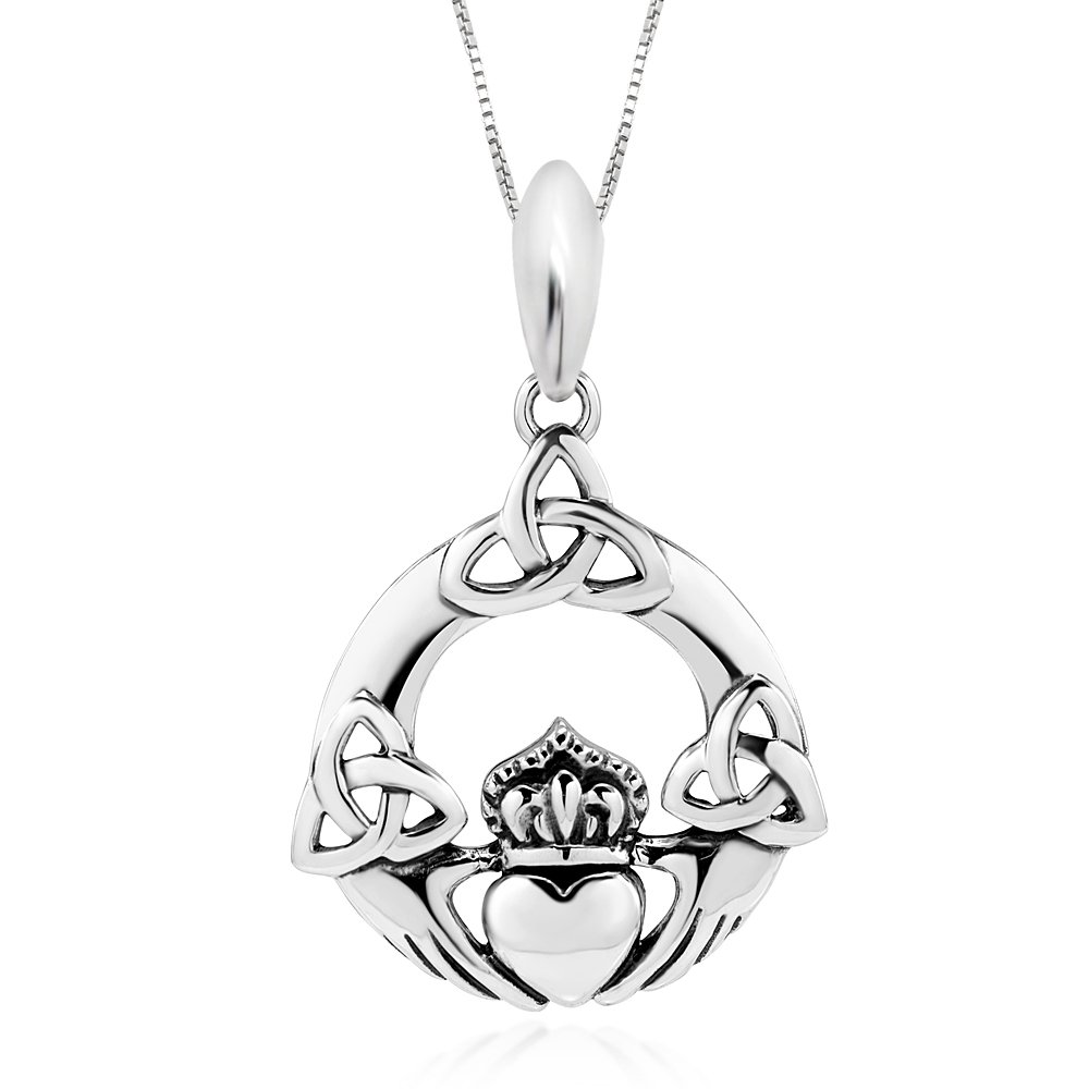 925 Sterling Silver Oxidized Irish Claddagh Friendship Celtic Knot Pendant Necklace, 18"