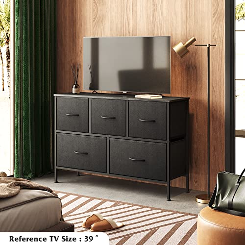 WLIVE 2-Drawer Nightstand and 5-Drawer Dresser Set, Fabric Storage Tower for Bedroom, Hallway, Nursery, Closets, Tall Chest Organizer Unit with Textured Print Fabric Bins, Steel Frame, Charcoal Black