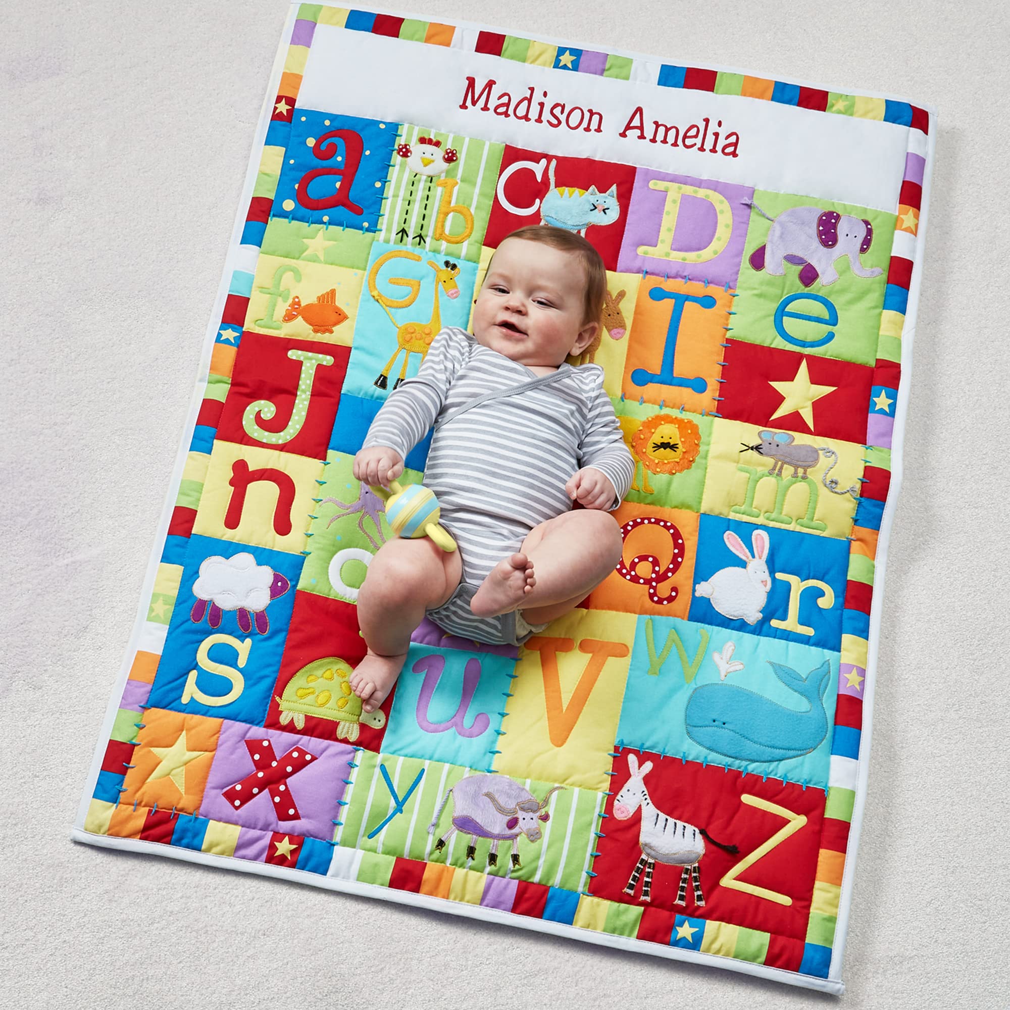 Let's Make Memories Personalized Baby Quilt - 3D Applique & Embroidered Name - Heirloom Keepsake for New Baby - Textured Details - Alphabet & Animals - Nursery Decor - Baby Shower - 42x32 - Primary