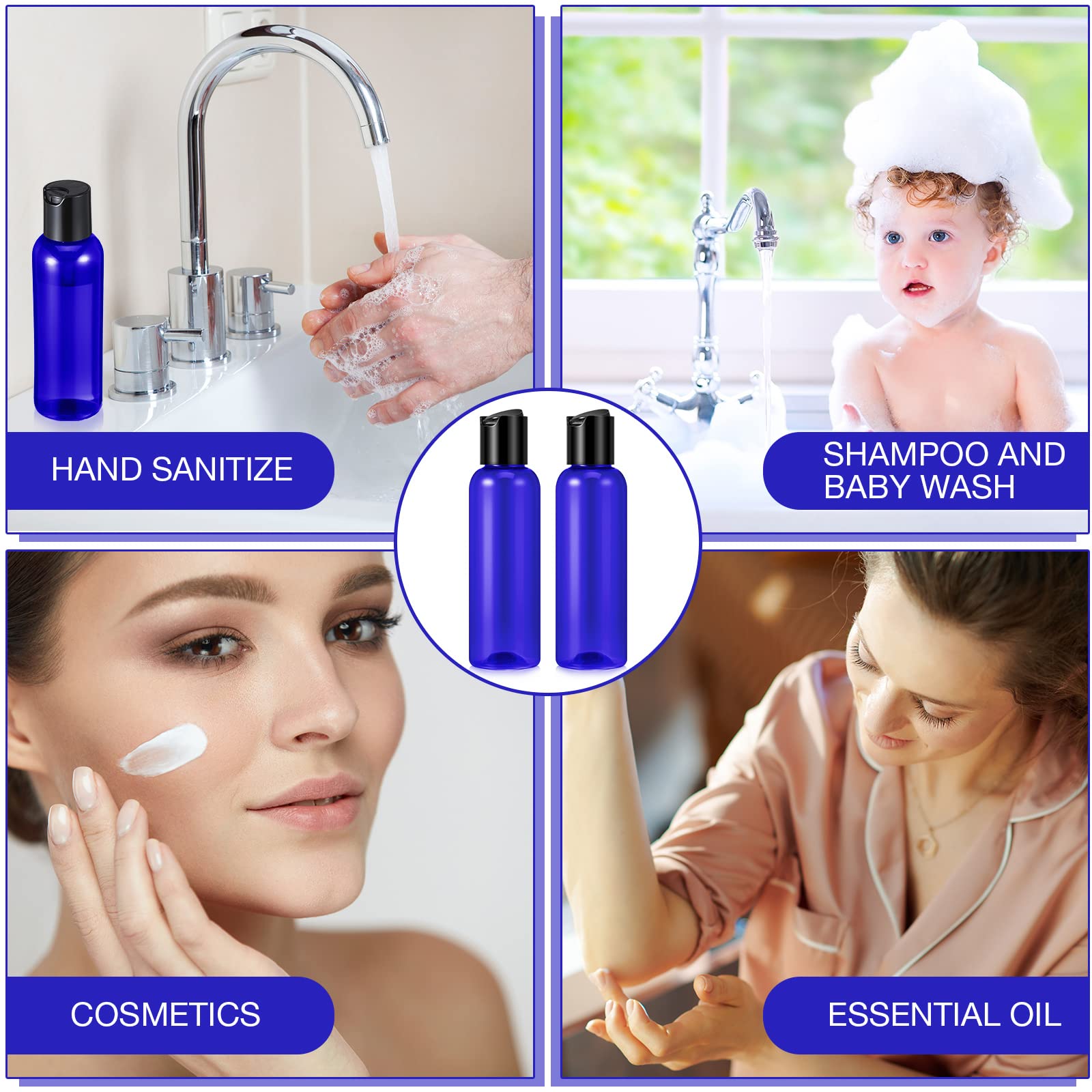 50pcs 4oz Empty Plastic Travel Bottles with Disc Top Flip Cap Small Travel Size Bottles Blue Plastic Bottles Refillable Empty Containers for Shampoo Lotion Liquid Body Soap Cream Toiletries