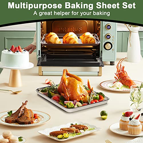 Baking Sheet Tray Cooling Rack with Silicone Mat Set, Stainless Steel Cookie Pan For Oven, Set of 9 (3 Sheets + 3 Racks Mats), Warp Resistant & Heavy Duty Easy Clean
