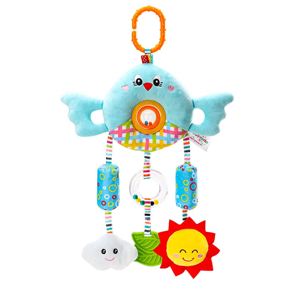 D-KINGCHY Baby Car Seat Stroller Toys Hanging Animal Plush Toys Soft Teething Rattle Toys Newborn Crib Bed Around Stuffed Toy with Wind Bell, Teether, Rattle Sound, Ring for 0-3 Years Old (Bird)