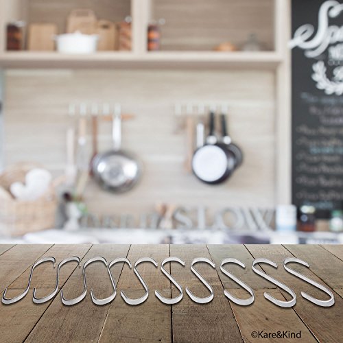 Flat S-Shaped Hanging Hooks - for Kitchen Utensils, Garage or Garden Tools, etc. - Heavy Duty Genuine Solid 304 Stainless Steel - Multi Purpose - This Kit Contains 10 Large Hooks