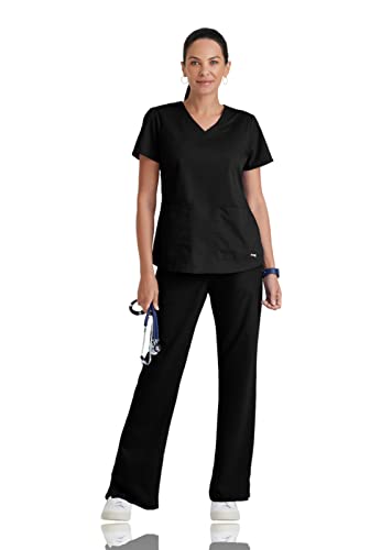 Grey's Anatomy Women's Two Pocket V-Neck Scrub Top with Shirring Back, Black, Medium
