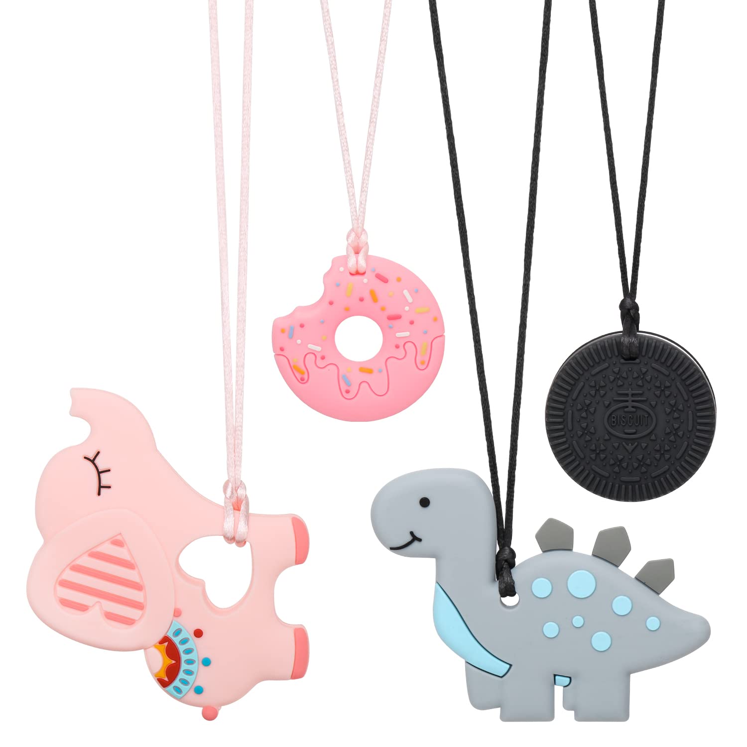 4Pcs Chew Necklaces for Sensory Kids with Teething, ADHD, SPD, Autism, Biting Needs, Oral Motor Chewy Teether, Silicone Necklace Made from Food Grade Silicone Safety, Baby Teether Toy for Boys&Girl