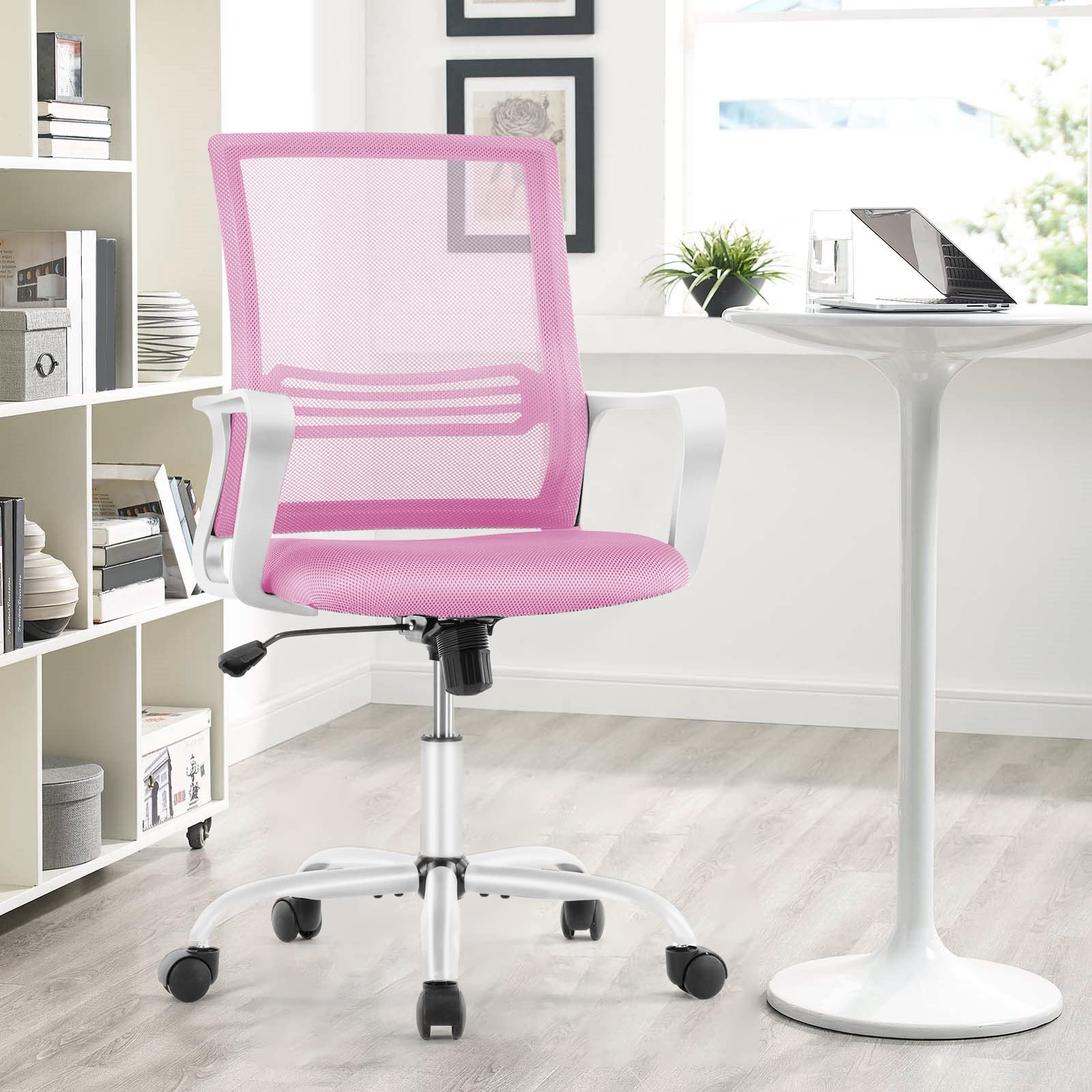 AFO Ergonomic Office Chair Adjustable with Comfortable Lumbar Support, Armrest and Padded Seat, 360 Degree Swivel, Mid Back Breathable Mesh, Rocking Mode, for Conference Room, Executive, Study, Pink