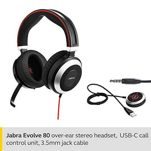 Jabra Evolve 80 UC Wired Stereo Over-Ear Headset β Unified Communications Optimised Headphones with Active Noise Cancellation β USB-C Cable and 3.5 mm Jack Connections β Black