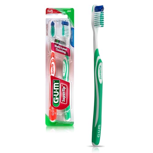 GUM Super Tip Toothbrush, Soft Bristle Toothbrush for Adults with Tongue Cleaner, Compact Head, 2ct