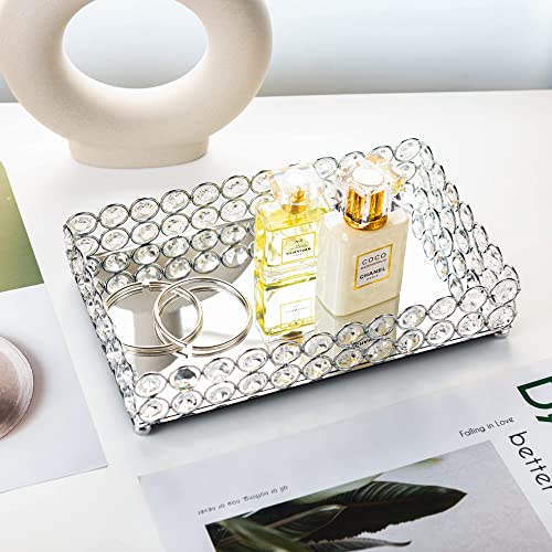 Feyarl 10 Inch Crystal Cosmetic Tray Rectangle Vanity Tray Makeup Jewelry Trinket Organizer Mirror Decorative Tray Perfume Skin Care Organizer Christmas Party Coffee Table(Silver)