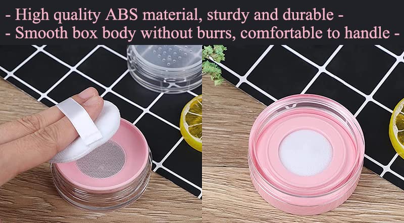 AKOAK Capacity 10 ml(0.33 oz) No Leaks Empty Reusable Plastic Loose Powder Compact Container DIY Makeup Powder Case with Sponge Powder Puff,Elasticated Net Sifter and Pink Threaded Screw Lid