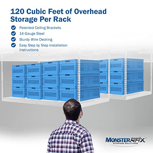 MonsterRax Overhead Garage Storage Rack- 4 x 8 Ceiling Rack for Garage Shelving, Organization, & Storage, Adjustable Hanging Storage for Bikes, Equipment & Accessories (White, 24"-45", 2-Pack).