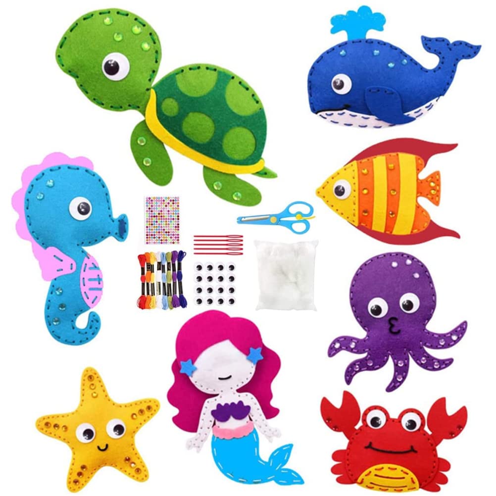 Felt Sewing Kit,8 Pcs Ocean Animals Sewing Kit Mermaid DIY Art Craft Felt Set Beginners Sewing Set for Boys and Girls Educational Gift