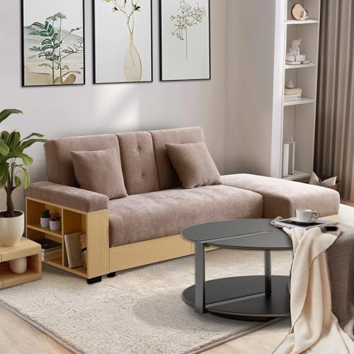 85" Convertible Sleeper Sofa Couch,Sleeper Sofa Bed with Storage and 2 Storage Drawer,Multifunctional Double Folding Sofa Bed,Drop Down Table with 2 Cup Holders,L-Shaped Sectional Sofa,Light Brown