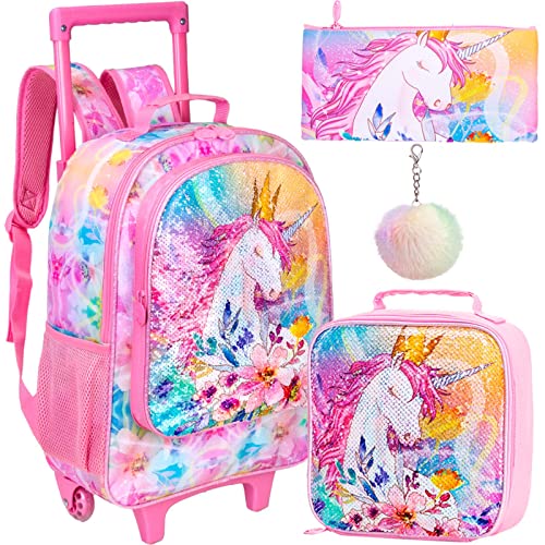 CCJPX 4PCS Kids Rolling Backpack for Girls, Unicorn Sequin Roller Wheeled Bookbag Toddler Elementary School Bag with Wheels One Size