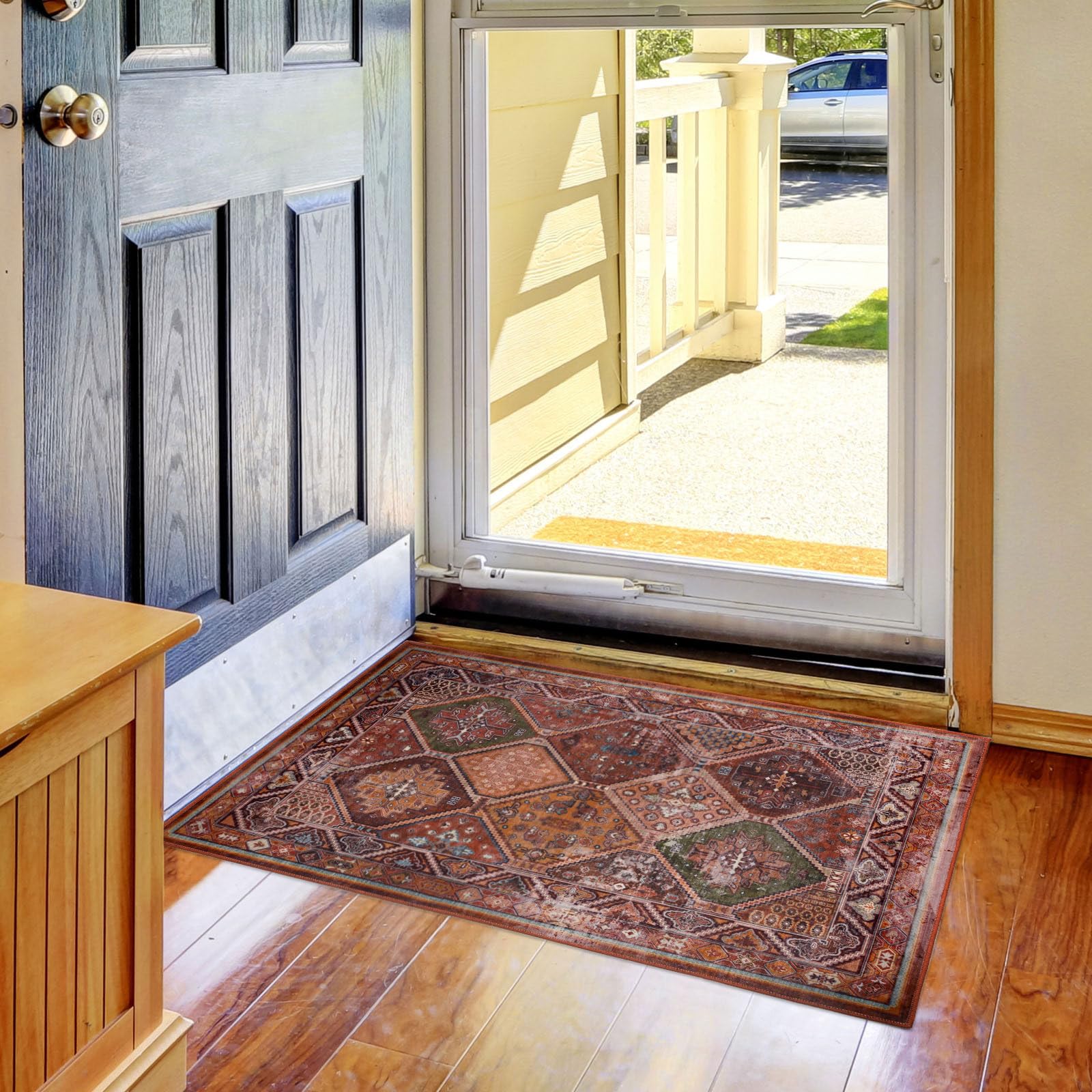 DECOMALL GAEAR Oriental Floral Area Rug - 2x3 Red Distressed Small Entryway Rug Printed Doormat Vintage Non-Slip Washable Low-Pile Carpet for Indoor Front Entrance Kitchen Bathroom 2’x3’