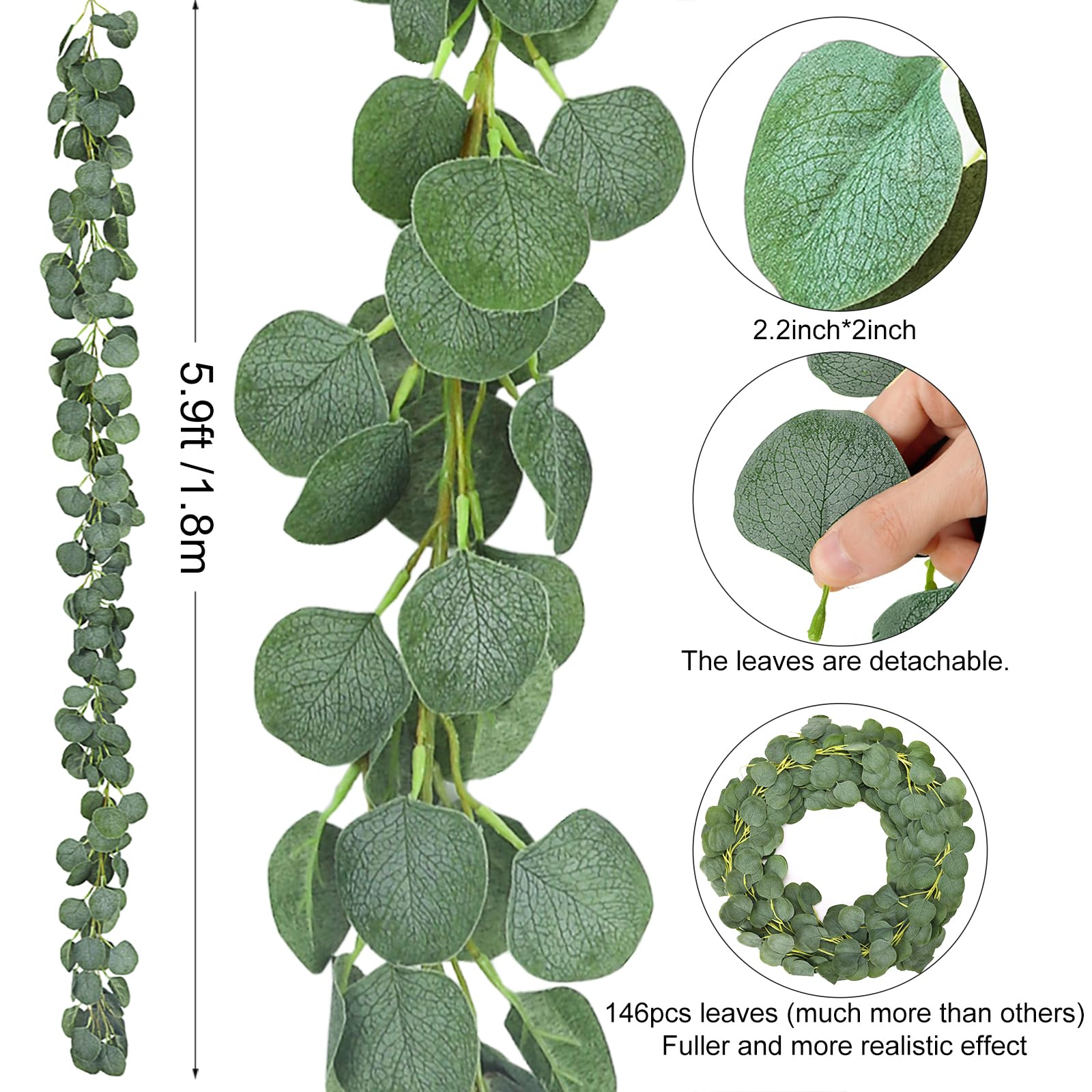 CEWOR 6pcs 35.4ft Artificial Eucalyptus Garland Greenery Garland Faux Silk Silver Dollar Eucalyptus Leaves Vines for Wedding Home Party Wall Garden Decor