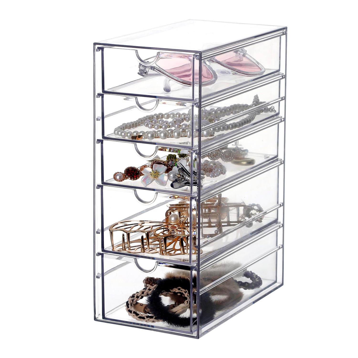 RAMFIYN Clear Stackable Beauty Box Storage 6 Drawer, Desk Narrow Acrylic Storage Drawers, Slim Storage Drawers Jewelry Organizer for Vanity, Bathroom, Bedroom, Office