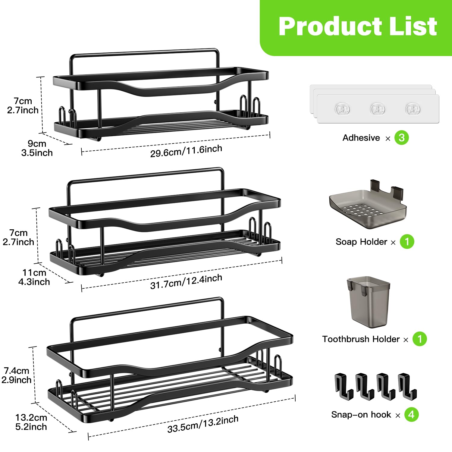 Aitatty Shower Caddy Bathroom Organizer Shelf: Self Adhesive Shower Rack with Soap Shampoo Holder - Rustproof Stainless Bath Caddy for Inside shower Black