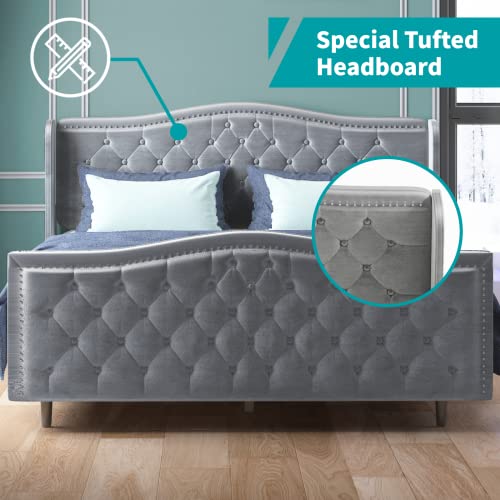 BALUS King Wingback Bed Frame with Headboard,Upholstered Platform Bed Frame Dutch Velvet Upholstered Bed,Modern Design,Available in 3 Sizes and 3 Colors Panel Bed Frame (Silver Gray)