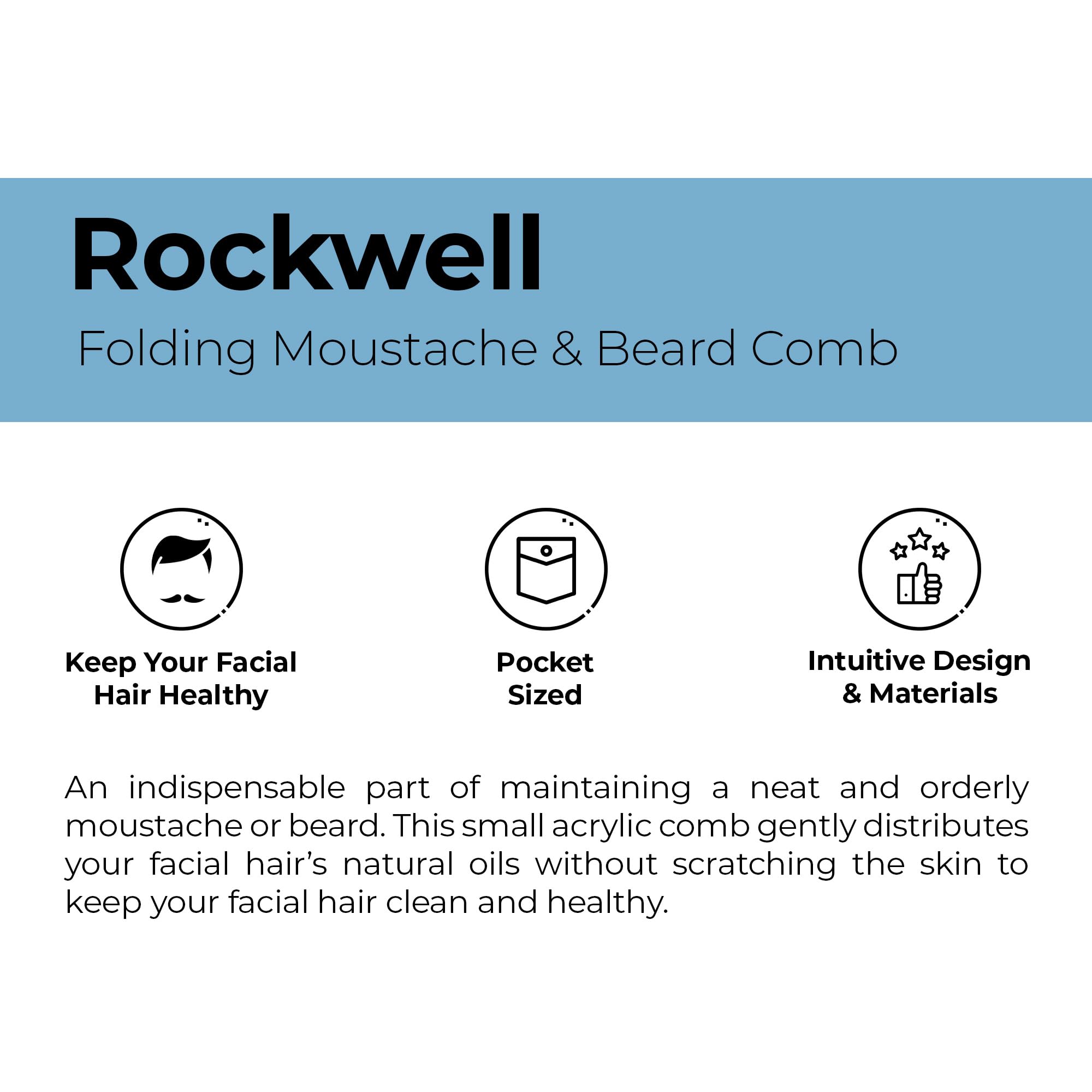 Rockwell Folding Beard & Moustache Comb - Pocket-Size, Durable, Anti-Static Acetate Comb | Supports a Healthy Beard and Moustache