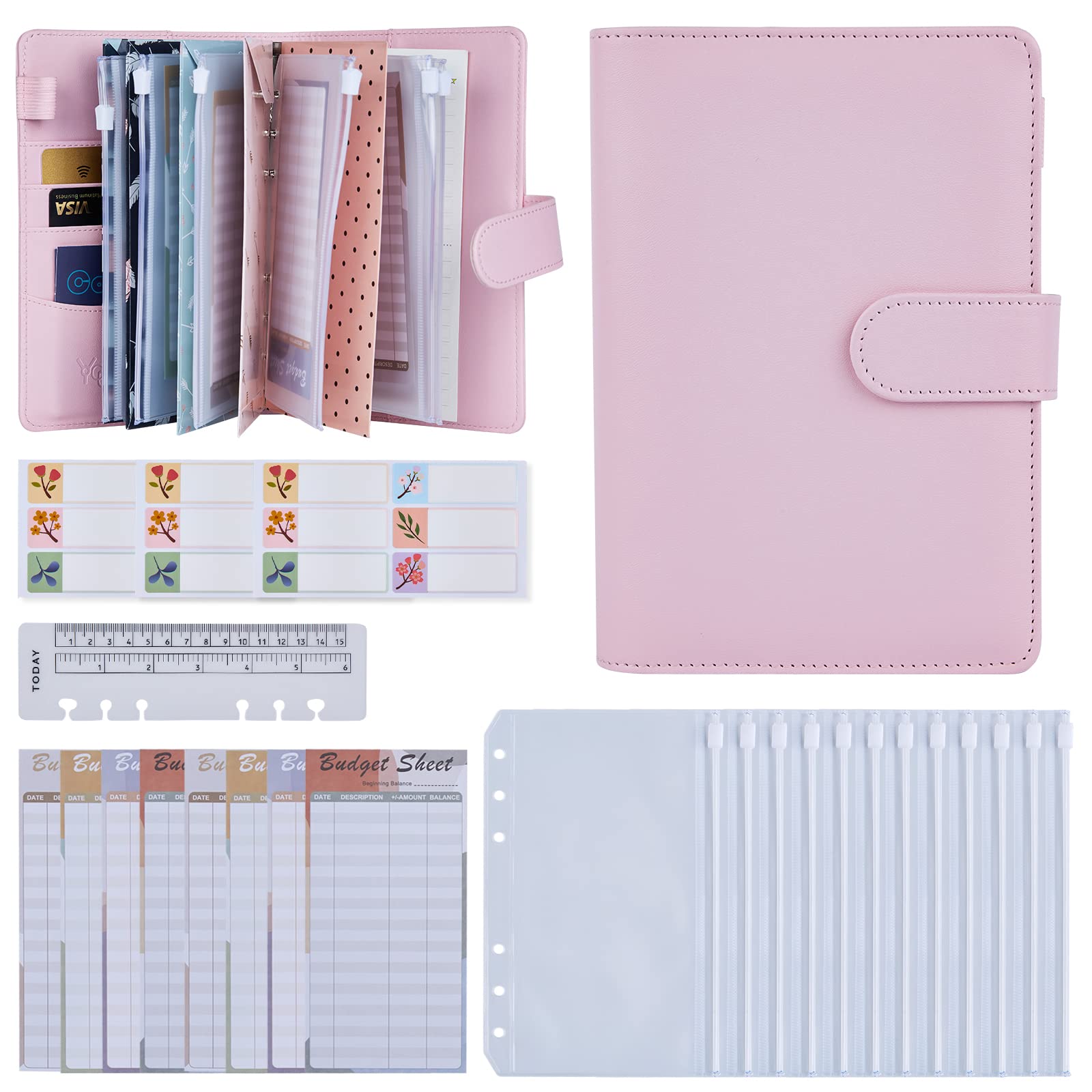 A6 Cash Envelope System Binder - Budgeting Binder Planner w/ 12Pcs Lose Leaf Zipper Pocket & Expense Tracker & Writable Lables, Pink Cash Envelope Budget Wallet Organizer for Money Receipt Coupon