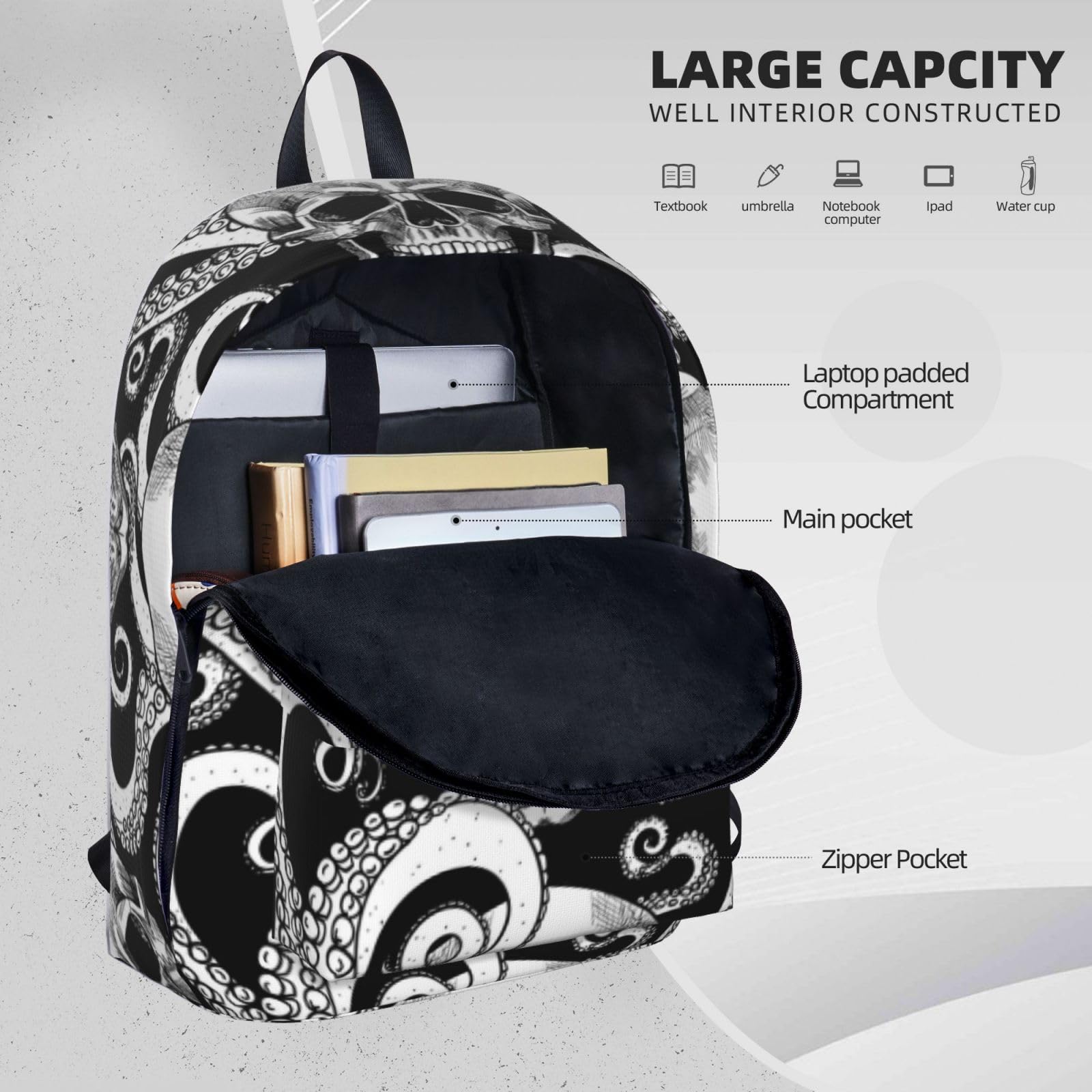 Affilleve Skull Octopus Backpacks for Men Women Book Bag Travel Hiking Camping Work