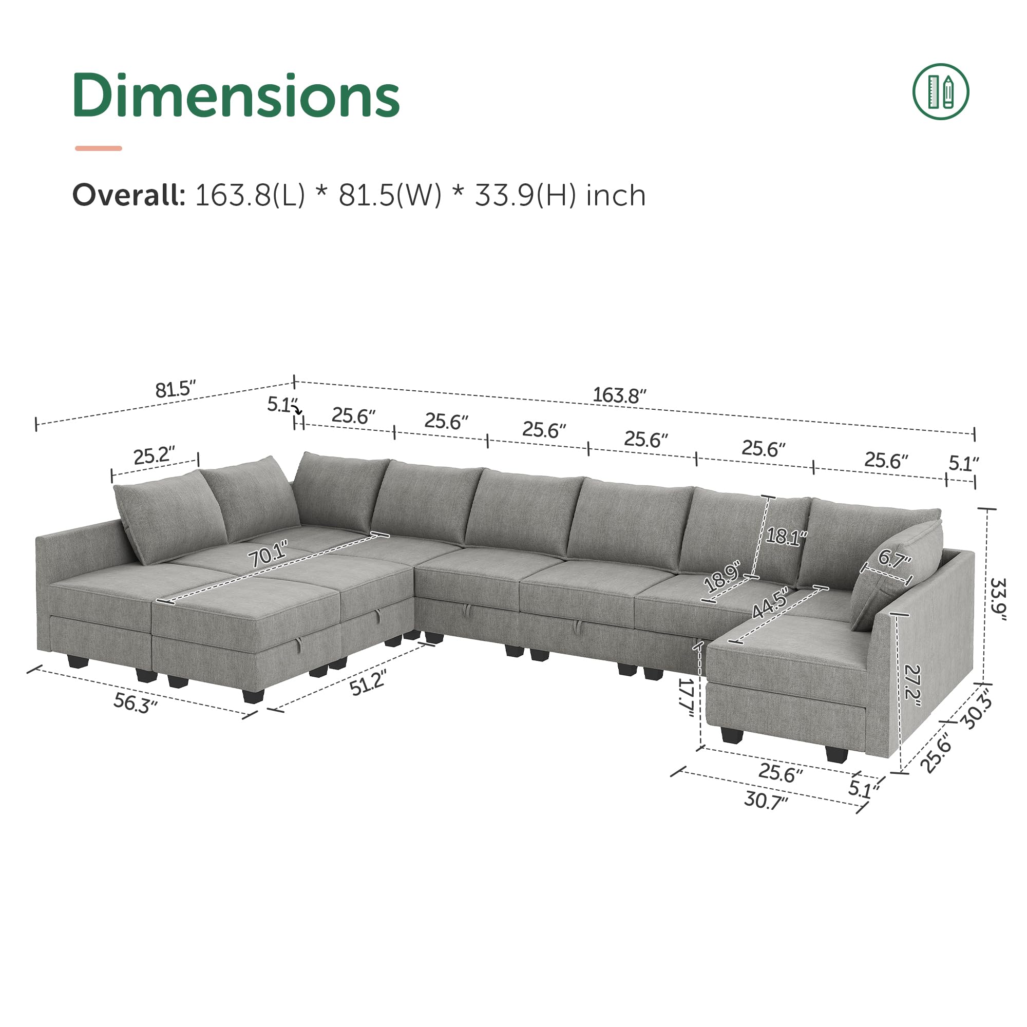HONBAY Convertible U Shaped Modular Sofa with Chaise Modular Sectional Couch with Storage, Oversized Modular Sofa Sectional Couch for Large Living Room,Grey