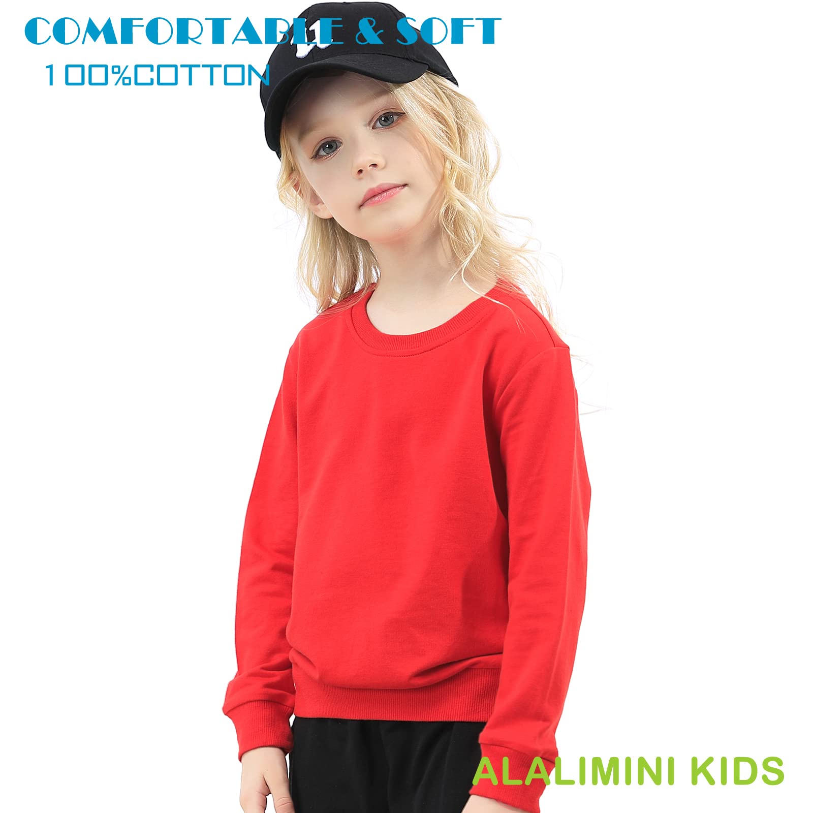 ALALIMINI Boys&Girls Crewneck Sweatshirts Toddler Kids Solid Cotton Long Sleeve Pullover Tshirts (Red, 5T)