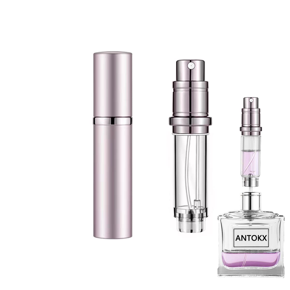 ANTOKX Travel Perfume Bottle Refillable Atomizer - 5ML Perfume Atomiser, Pocket Perfume Dispenser, Scent Pump Case, Leakproof Portable Perfume Sprayer for Women and Men (Pink)