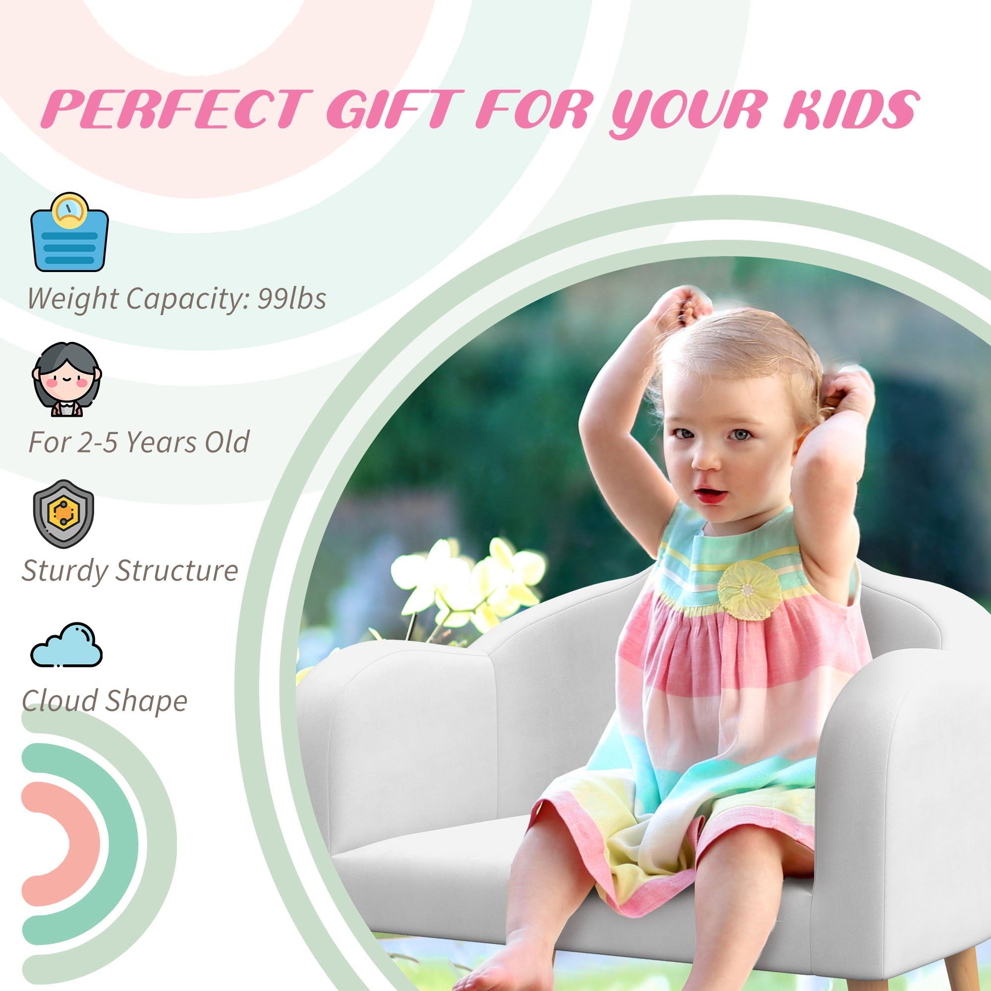 Qaba 2 Seater Kids Sofa, Cloud Shaped Children's Sofa for Nursery Playroom with Soft Foam Padding & Anti-Tipping Design, for 2-5 Years, White