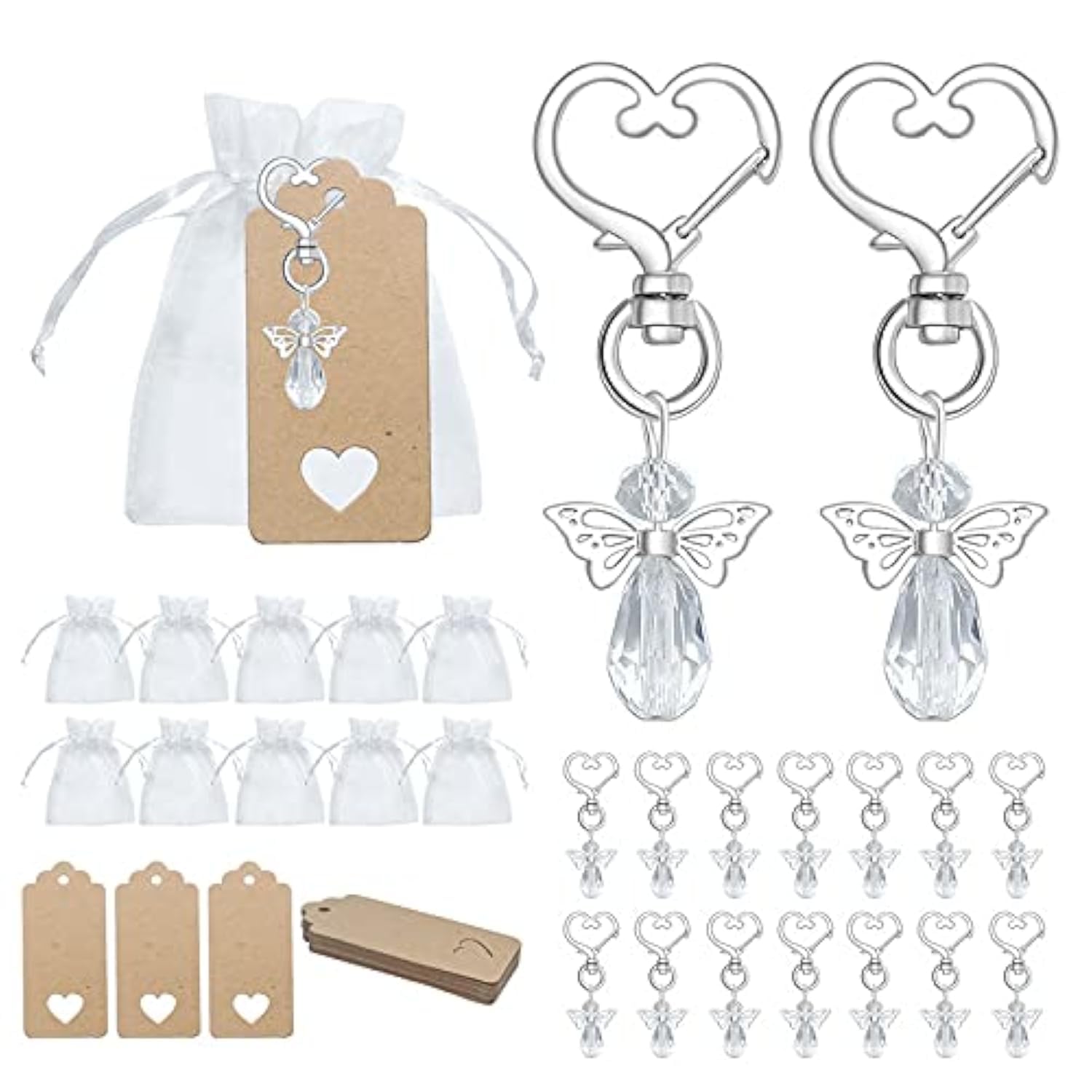 Angel Keychain Favors Set, 30 Sets Angel Key Chains with Organza Bags and DIY Blank Kraft Tags Guest Return Favors Souvenir Gift for Birthday, Bridal Shower, Wedding Charm, Party Favors
