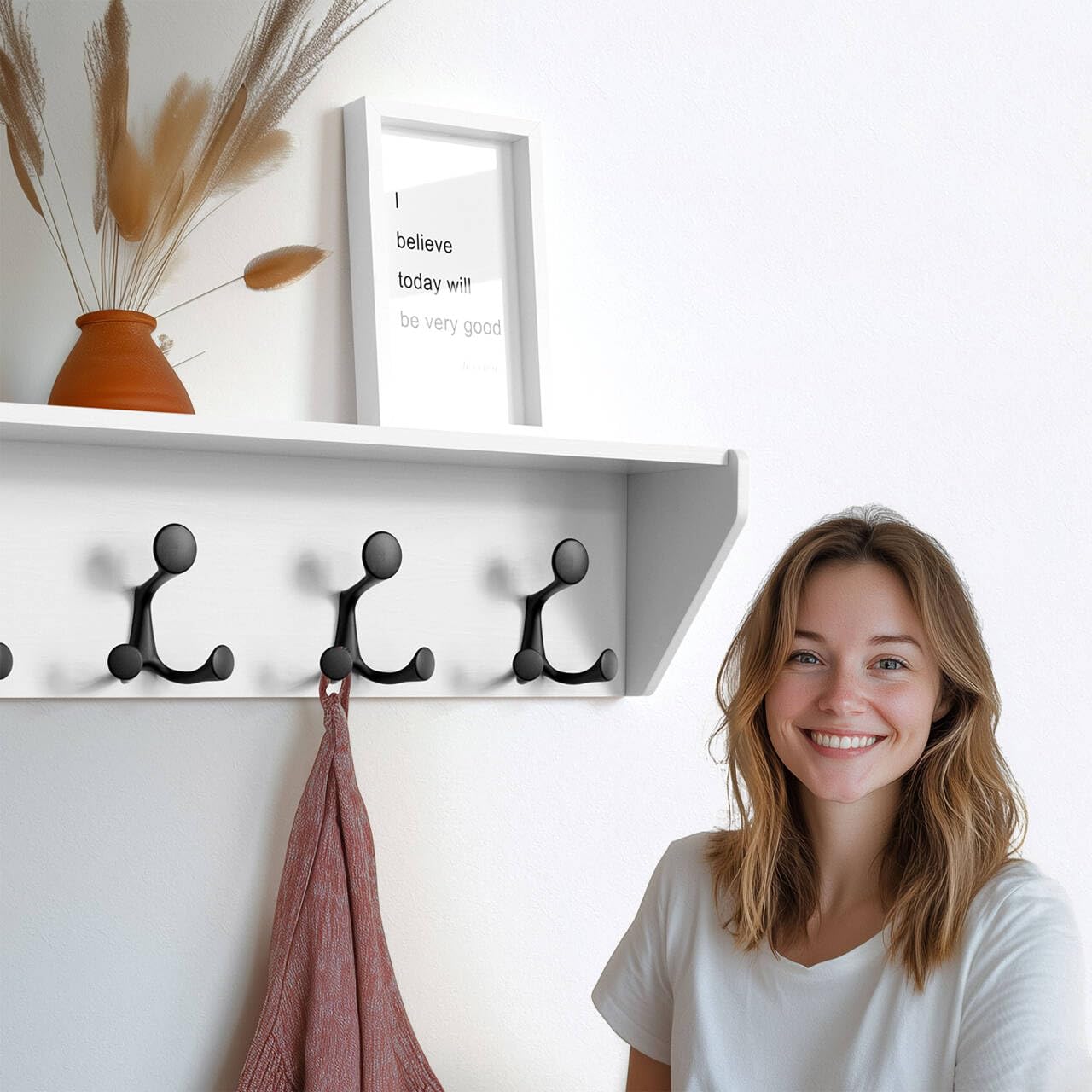SKOLOO Wall Shelf with Hooks, 35-Inch White Coat Rack Wall Mount with Shelf Organizer - Heavy Duty, 5 Tri Hooks - Perfect for Entryway, Hallway, Living Room, Bedroom, Mudroom