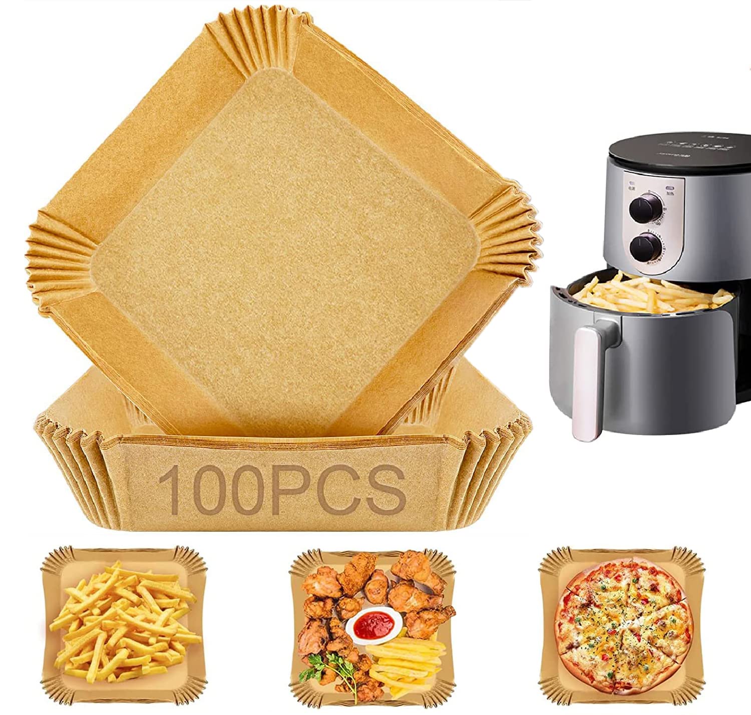 Air Fryer Disposable Paper Liner, 100PCS Non-stick Disposable Liners, Baking Paper for Air Fryer Oil-proof, Water-proof, Food Grade Parchment for Baking Roasting Microwave (100Pcs-7.9 inch)