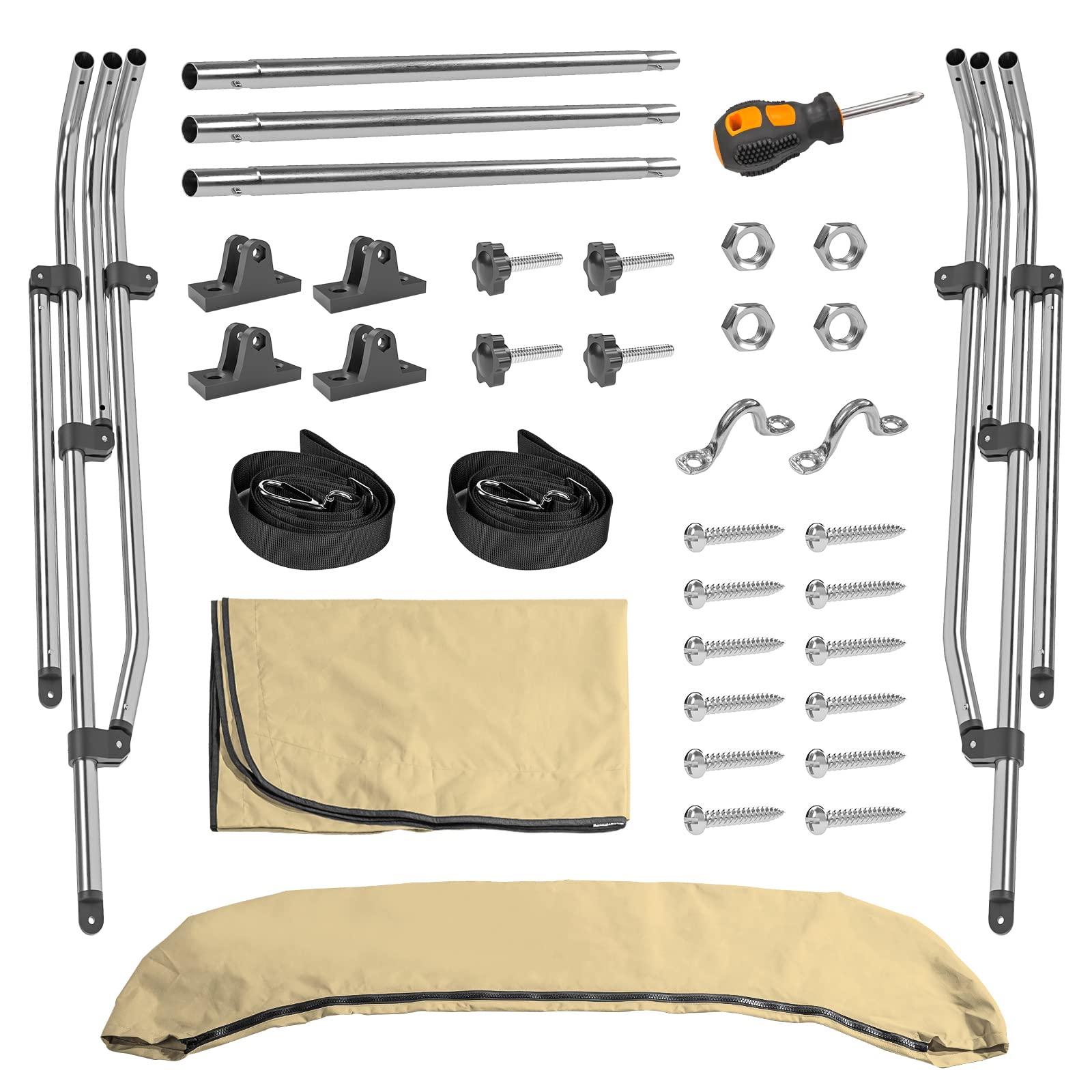 AA Products 3 Bow Bimini Top Cover Sun Shade Boat Canopy Waterproof Includes Storage Boot with Aluminum Frame, 46" Height with Rear Support Poles, 6'L x 46" H x 73"-78" W, Sand