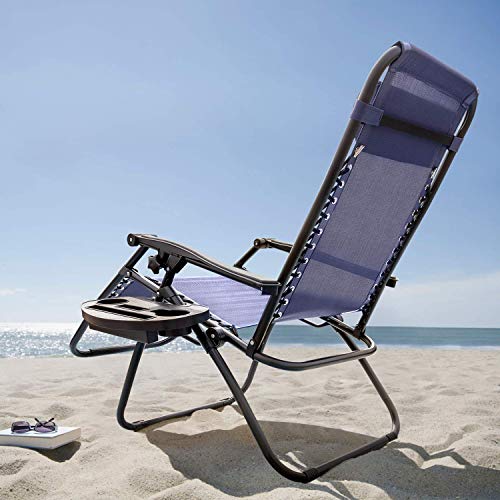 GUNJI Zero Gravity Chair Outdoor Lawn Folding Lounge Chairs Adjustable Reclining Patio Chairs Set of 2 with Cup Holder Lounge Gravity Chairs for Poolside, Backyard, Beach and Camping (Blue)
