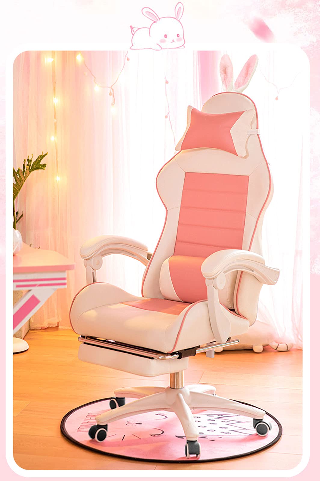 FFLLAS Gaming Chair Pink,Computer Office Chair Cute Pink Rabbit Style, with Retractable Arms and Footrest Adjustable Massage Lumbar Cushion Ergonomic Computer Desk Chair,Purple