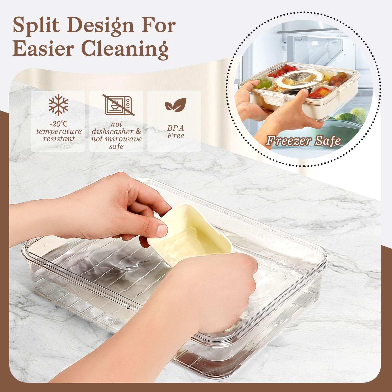ALYBIT Divided Serving Tray with Lid and Handle - Snackle Box Charcuterie Container for Portable Snack Platters - Clear Organizer for Candy, Fruits, Nuts, Snacks - Perfect for Party, Entertaining