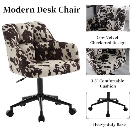 RIVOVA Modern Velvet Office Desk Chair with Armrest, Height Adjustable Wide Seat Computer Task Chair for Home Office, Mid Back Accent Chair, Cow