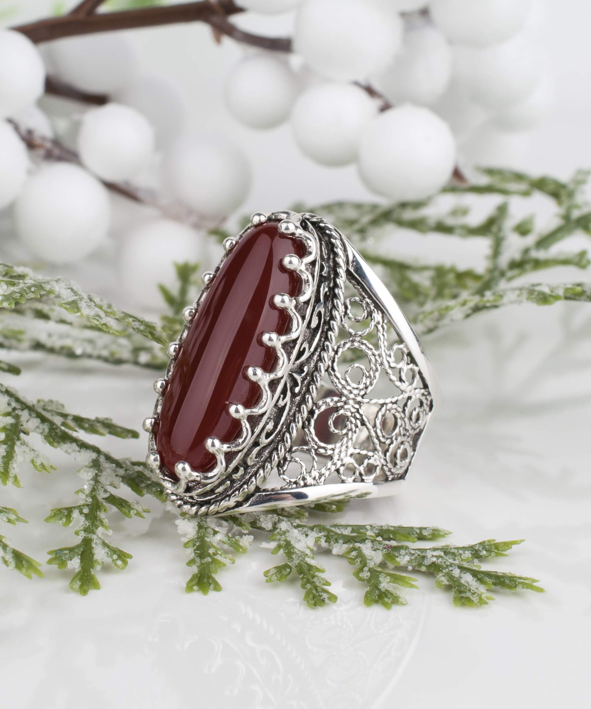 925 Sterling Silver Carnelian Filigree Elongated Statement Ring (Size 6-11) (8)