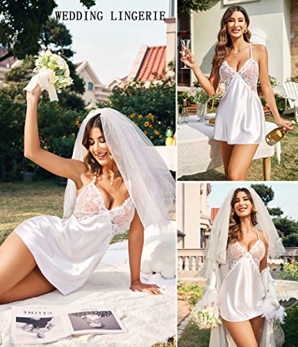 Avidlove Women Satin Sleepwear Wedding Nightgown White Lingerie Lace Chemise White M