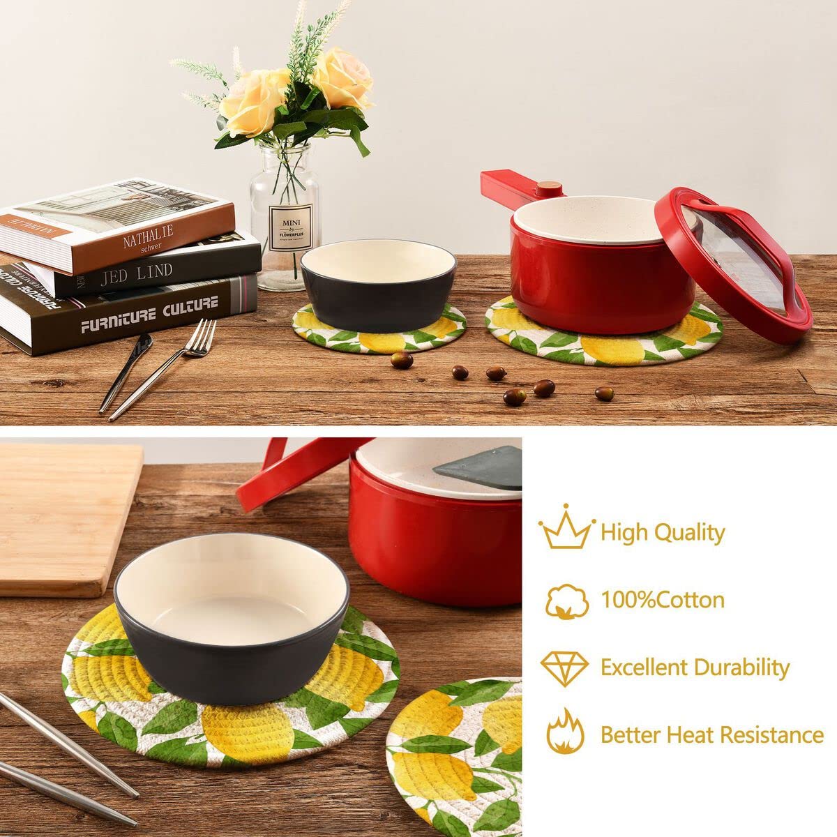 ALAZA Tree Lemon Fruit Yellow Pot Holders Trivets Set 2 Pcs Trivets Cotton Potholders Coasters Hot Pads Hot Mats for Cooking Kitchen