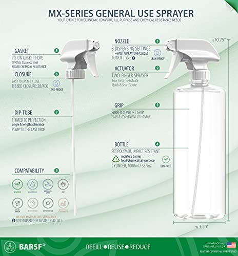 Bar5F Plastic Spray Bottles with Mixor Trigger, 32 oz | Professional, Leak Proof, Empty, Adjustable Fine to Powerful Sprayer, Refillable | Water Plants, Cleaning Solutions | Crystal Clear | Pack of 3