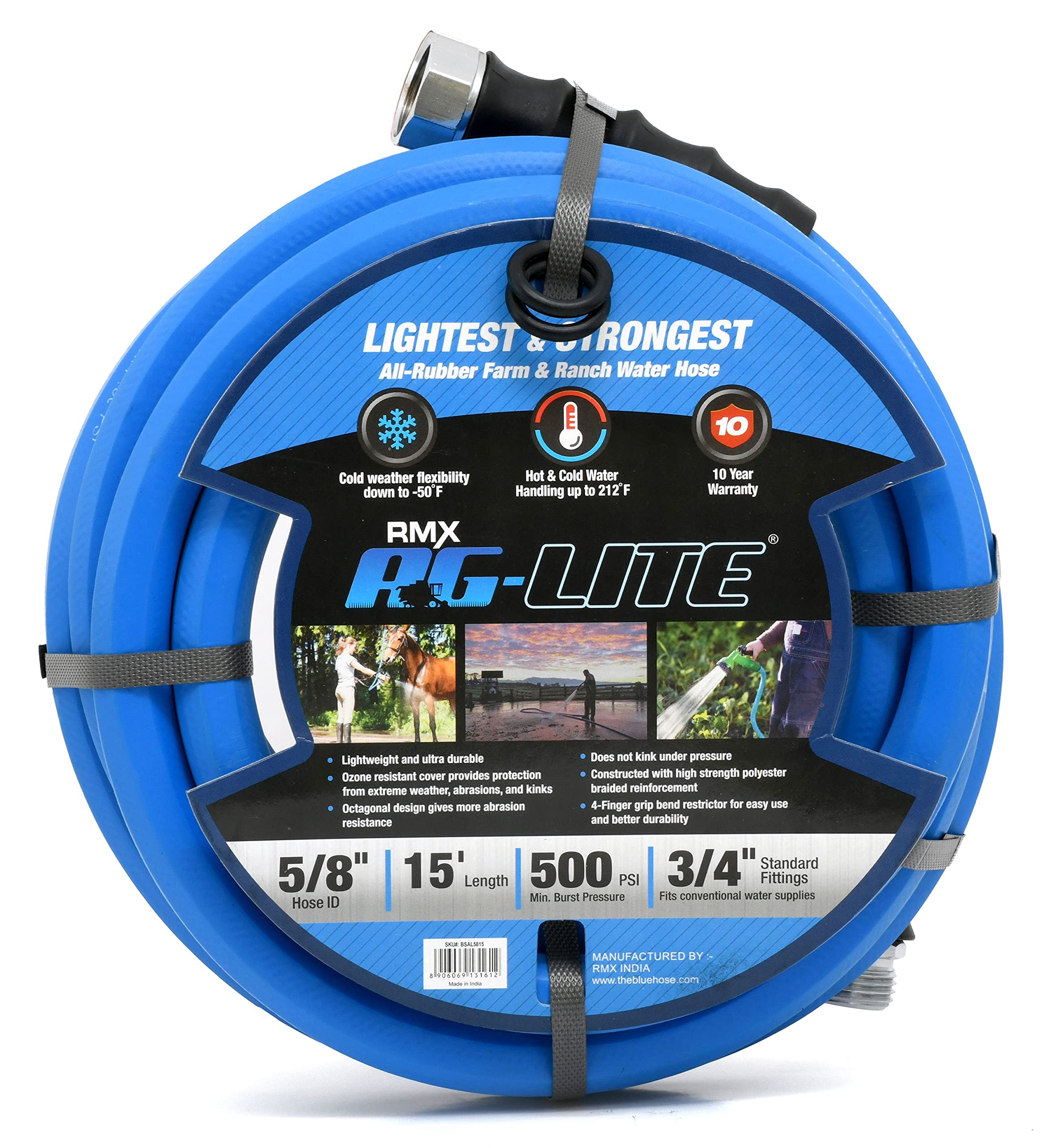 AG-LITE BSAL5815 5/8" x 15' Hot/Cold Water Rubber Garden Hose, 100% Rubber, Ultra-Light, Super Strong, 500 PSI, 50F to 190F Degrees, High Strength Polyester Braided
