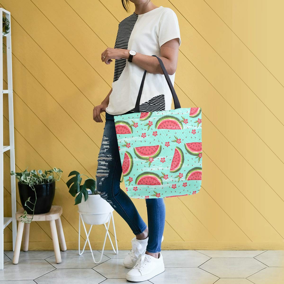 ALAZA Watermelon Pattern Blue Canvas Tote Bag Top Handle Purses Large Totes Reusable Handbags Cotton Shoulder Bags for Women Travel Work Shopping Grocery