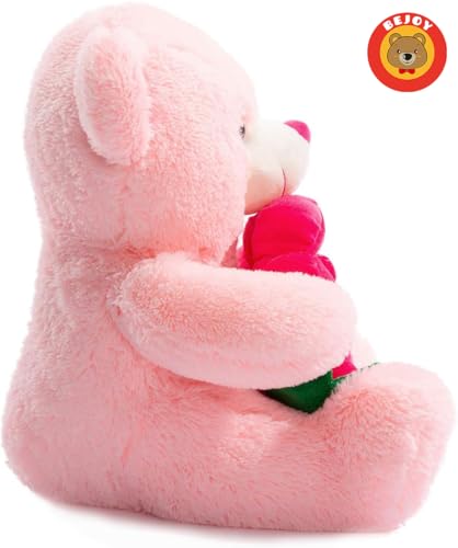 BEJOY Teddy Bear Stuffed Animals Plush Bear Holding Rose Soft Plush Toy Valentine's Day, 16 Inch, Pink