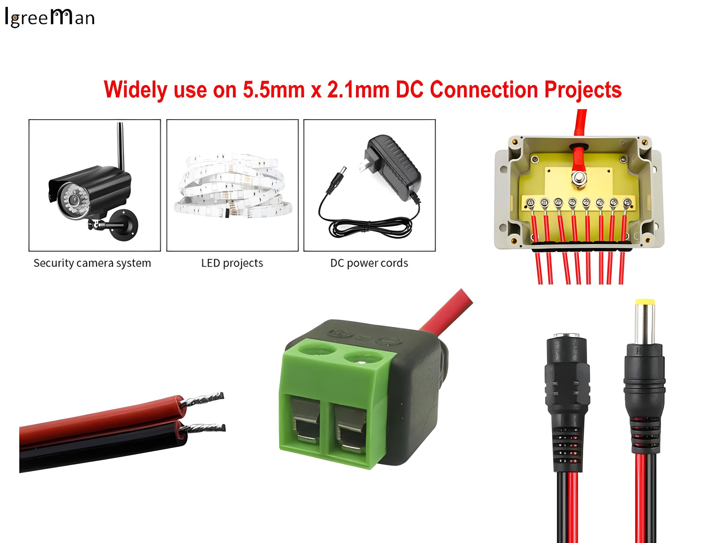 Igreeman 10 Pair Quick-Connect DC Power Pigtails - 18 AWG, 5A - Comes with Unique Terminal Jack Socket for Top-Notch Security Surveillance & Party Lighting - 2.1mm * 5.5mm Connectors