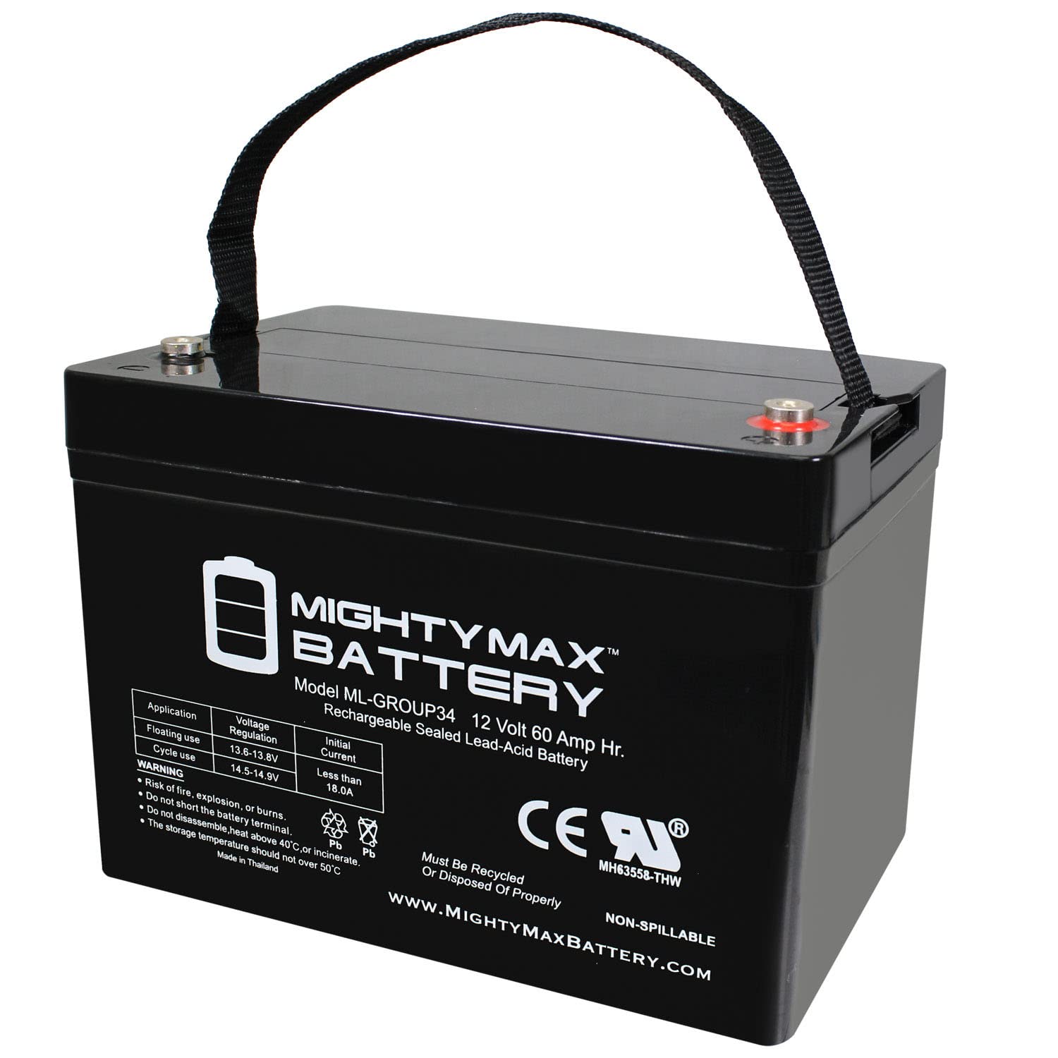 ML-Group34 -12 Volt 60 AH, Internal Thread (INT) Terminal, Rechargeable SLA AGM Battery