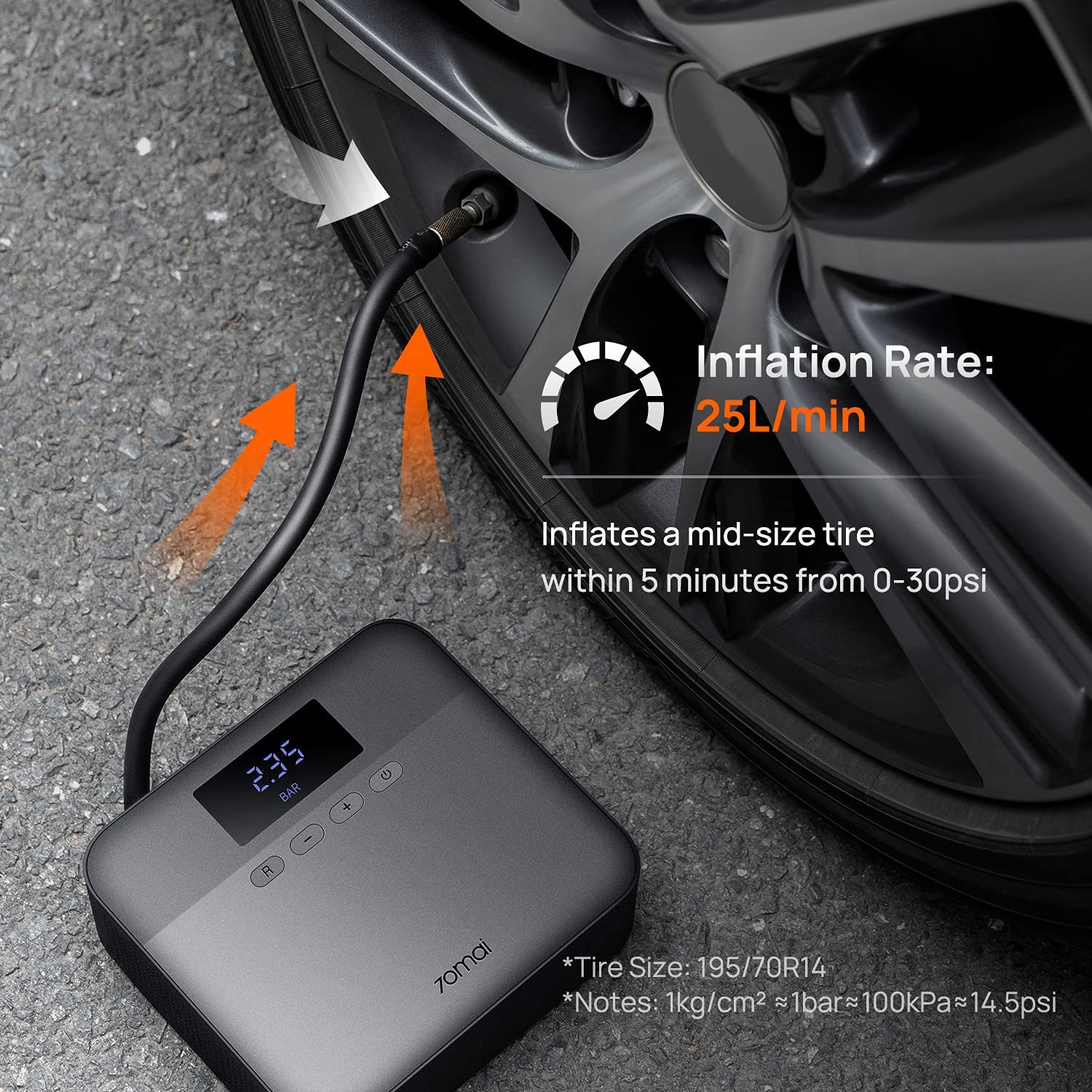 70mai Air Compressor Lite, Portable Tire Inflator, 12V DC Air Pump For Cars, Electronic Fast Compressor,160PSI With Pressure Gauge