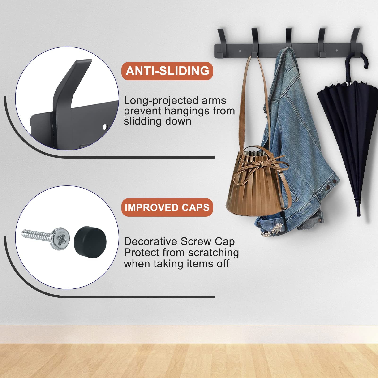 Coat Rack Wall Mounted,5 Coat Hooks for Hanging Coats,Heavy Duty Metal Double Hook Rack Hook Rail,Coat Rack with Hooks,Wall Mount Coat Hanger for Hat Towel Purse Robes ,Black,2Pack (Black2, 5 Hooks)